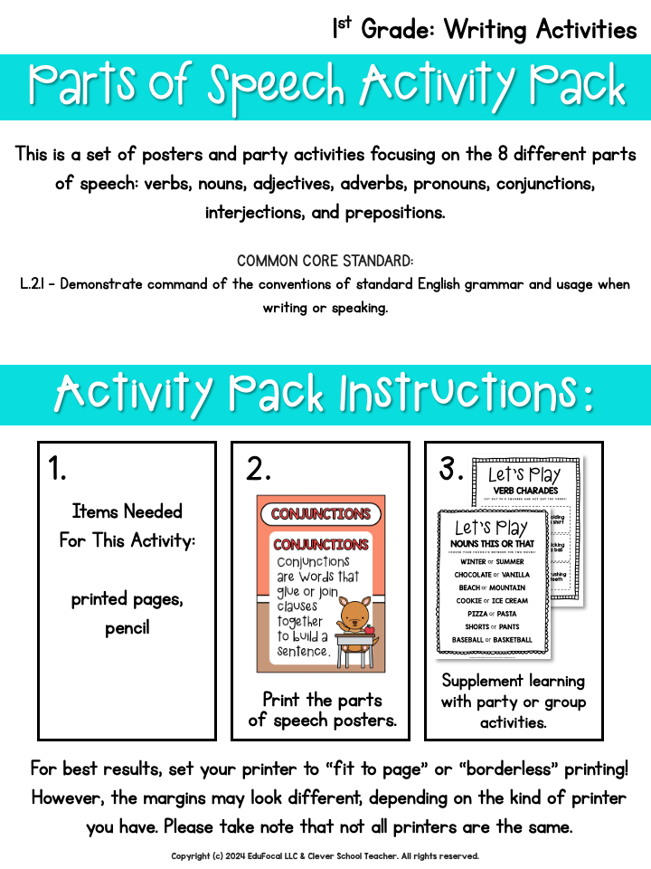 Parts of Speech Activity Pack - Clever School Teacher