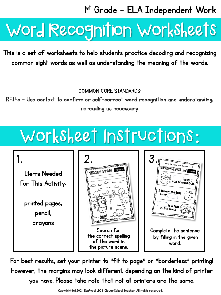 Word Recognition Worksheets - Clever School Teacher