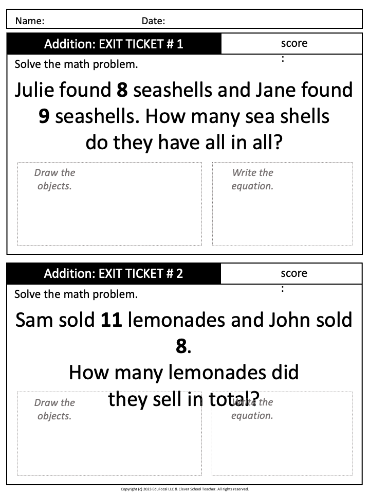 Addition & Subtraction Assessment - Clever School Teacher