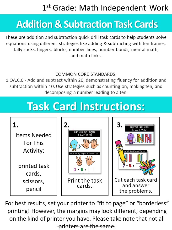 Addition and Subtraction Task Cards - Clever School Teacher